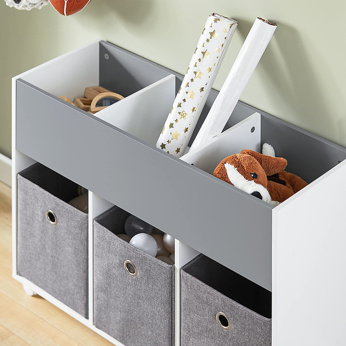 Haotian Kids Toy Storage Organizer Cart, Bookshelf with 3 Baskets & Wheels Children Toddlers Bookcase Playroom Nursery, Grey, KMB61-HG