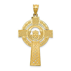 IceCarats 14K Yellow Gold Celtic Heart Love Irish Claddagh Holy Cross Necklace Religious Pendant Jesus Christ Charm Jewelry 40mm x 22mm Only