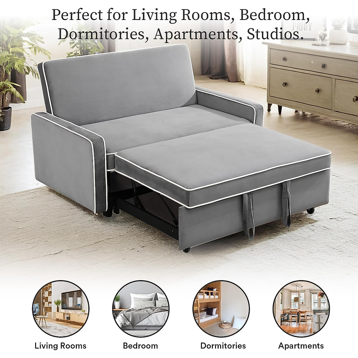 Rovibek 3 in 1 Convertible Sleeper Sofa Bed Pull Out Couch Futon Loveseat Velvet Chaise Lounge with 2 Pockets and 2 Pillows for Living Room, Ash Grey