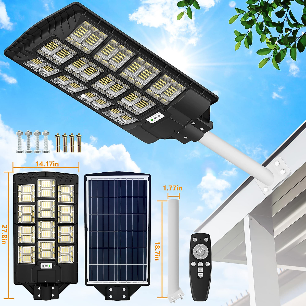 PEVOROS Solar Street Lights Outdoor Waterproof,1200W/100000LM Outdoor Led Street Light Dusk to Dawn,Street Lights Solar Powered with Motion Sensor and Remote Control for Parking Lot,Yard,Garden, Field