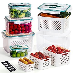 5 PCS Fruit Storage Containers for Fridge Leakproof Food Storage Containers with Removable Colander Label and Pen BPA-Free Fruit Containers for Fridge Keep Fruits, Vegetables, Meat Fresh longer