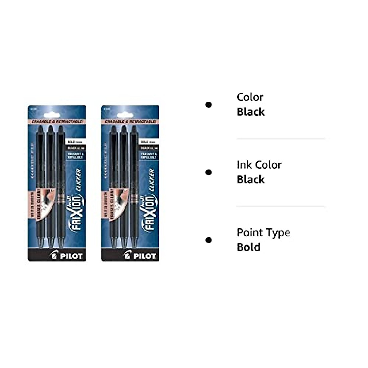 (2) Pilot Frixion Clicker Erasable Pen Black Gel ink. 3 pack Bold, 1.0 mm, 11390