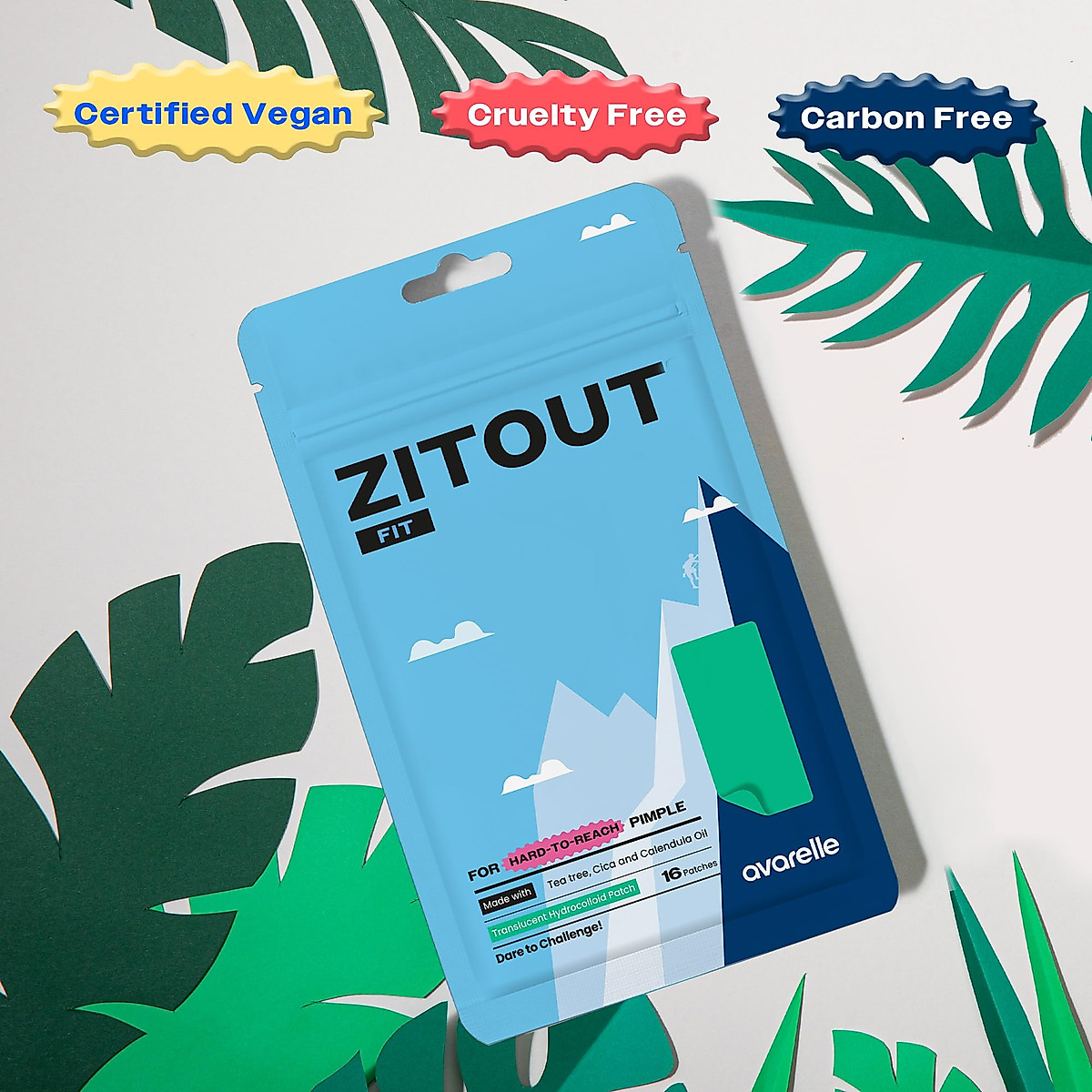 AVARELLE ZITOUT Large Hydrocolloid Pimple Strips (16 Patches) | Vegan Nose Patches for Pores Tea Tree | Chin Acne Patches for Face | Hydrocolloid Bandages for Acne | FSA & HSA Acne Treatment
