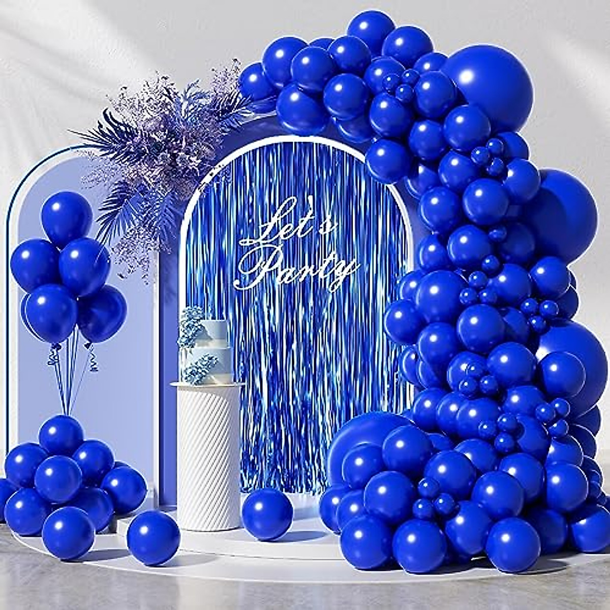 FOTIOMRG 130pcs Royal Blue Balloon Garland Arch Kit, 18 12 10 5 inch Royal Blue Latex Balloons Different Sizes Pack for Graduation Baby Shower Baseball Nautical Wedding Birthday Party Decorations（with Fringe Backdrop）