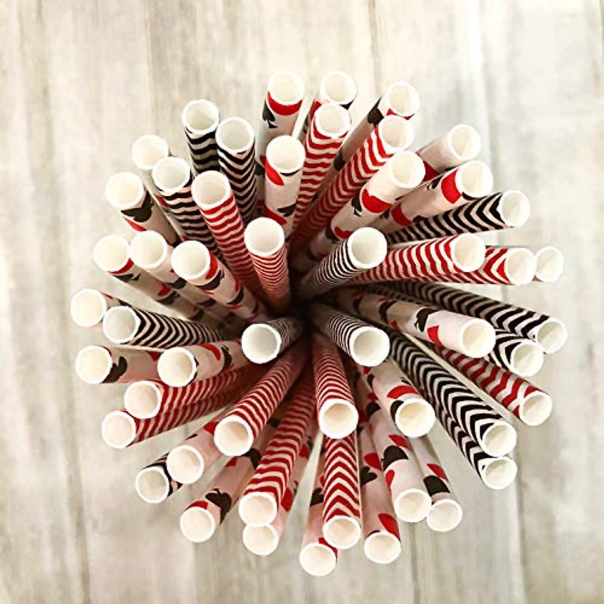 Casino Night Theme Chevron and Card Design Paper Straws - Red Black White - 7.75 Inches - Pack of 100 - Outside the Box Papers Brand