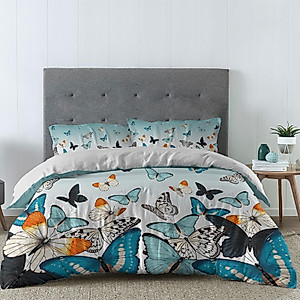 ALAGEO Butterfly Colorful Floral Duvet Cover Sets Country Style Bedding Sets 3 Pcs Soft Comforter Cover Set Including 1 Quilt Cover 2 Pillow Cases, King Size Comforter Cover Set with Zipper Closure