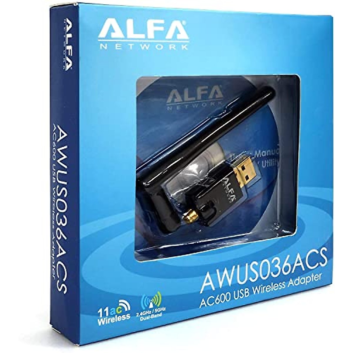 ALFA Network AWUS036ACS Wide-Coverage Dual-Band AC600 USB Wireless Wi-Fi Adapter w/ High-Sensitivity External Antenna - Windows, MacOS & Kali Linux Supported