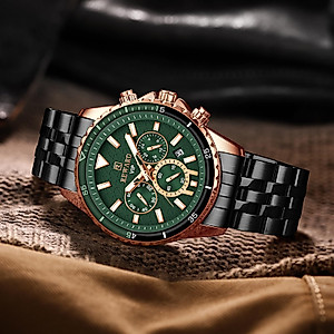 REWARD Mens Wrist Watches Fashion Round Dial Business Date Chronograph Luminous Waterproof Big Face Watch for Men Green Black