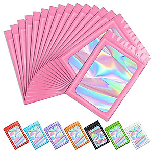 Funfery 100 pcs Pink Mylar Holographic Bags Packaging Bags,Clear Seal Resealable Smell Proof Bags Foil Pouch Bags for Food Storage and Lipgloss,Jewelry,Eyelash Packaging for Small Business(3x4.7In)