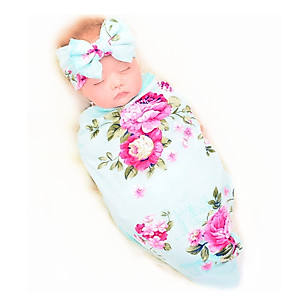 Galabloomer Receiving Blanket Headband Set Flower Print Baby Swaddle Receiving Blankets