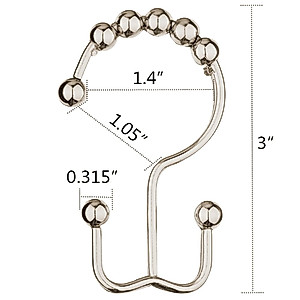 DAWNER Shower Curtain Hooks, Rust Proof Metal Easy Glide Double Rings, Stainless Steel Hangers for Bathroom Curtains, Set of 12, Brushed Nickel
