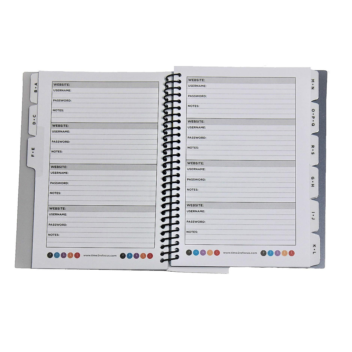 RE-FOCUS THE CREATIVE OFFICE, Password Book Keeper, Black, Small, Mini, Alphabetical Tabs, Spiral Bound, Removable Sheets, Journal Organizer, Includes, Website, Address, Username, Password