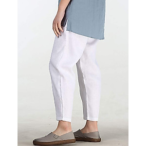 LaovanIn Women's Linen Cropped Pants Tapered Ankle Capris Trousers Elastic Waist Large White