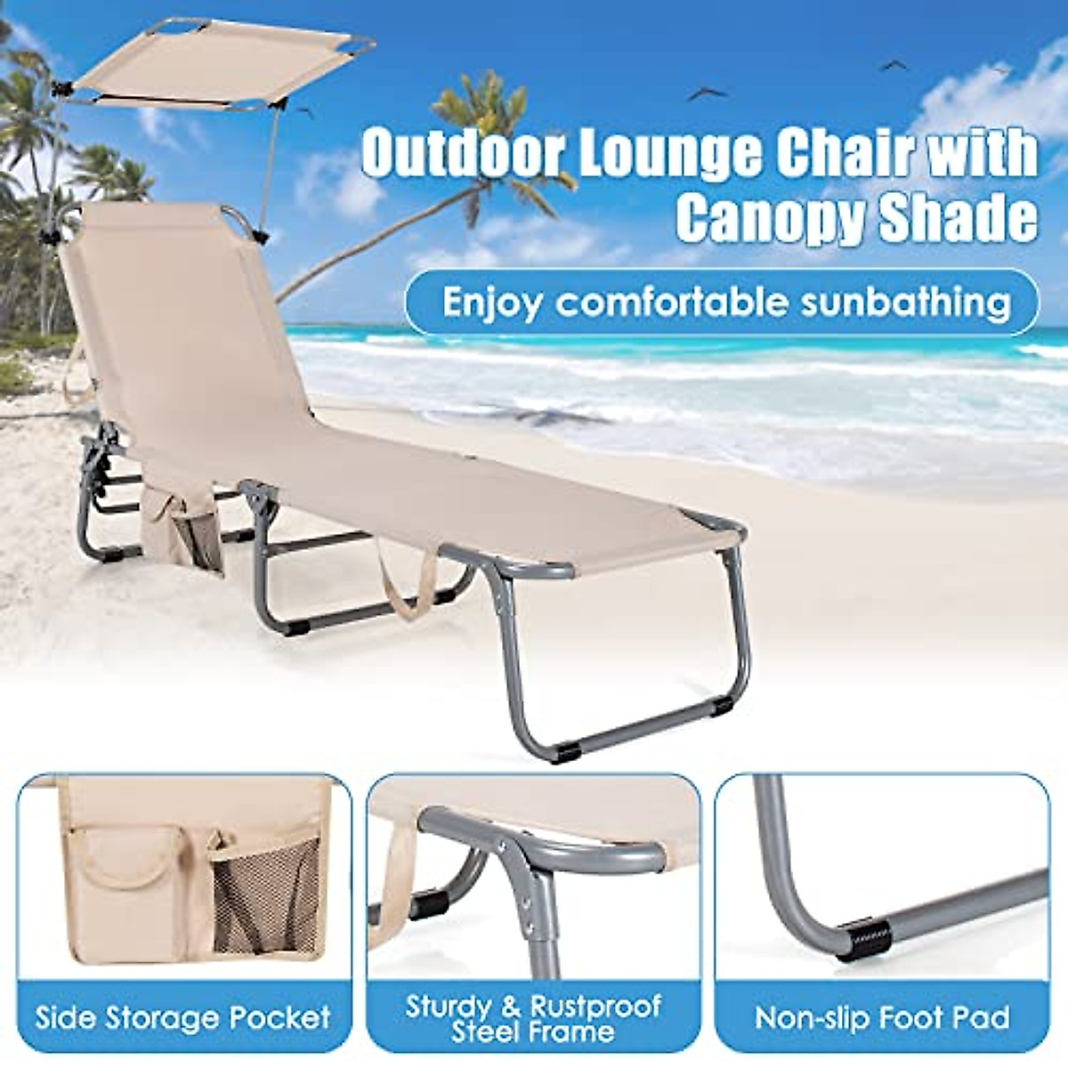 GYMAX Tanning Chair, Beach Lounge Chair with Canopy Sunshade, Carry Handle & Pocket, 5 Level Adjustable Layout Chaise Lounge for Outside, Folding Sunbath Chair for Outdoor, Patio, Poolside (1, Sand)