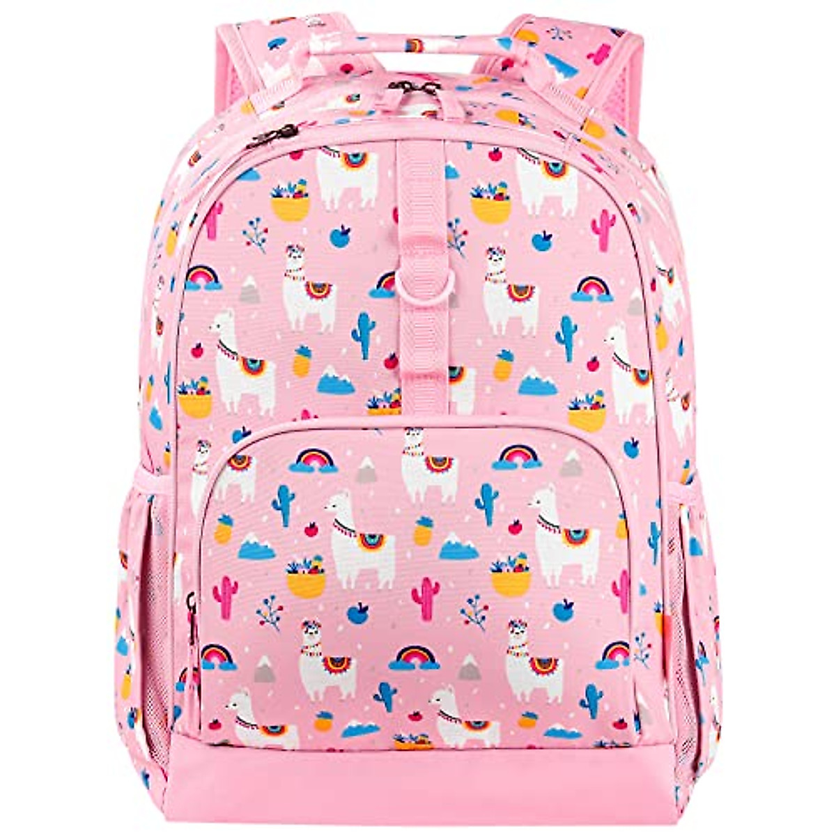 Choco Mocha Llama Backpack Elementary School Backpack for Kids & Girls 17 inch Backpack for 2nd 3rd Grade Llama Bookbag School Bag 6-8 with Chest Strap Pink