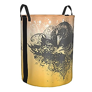 Laundry Basket,Halloween Theme Vector Of A Wicked Crow And Flowers,Large Canvas Fabric Lightweight Storage Basket/Toy Organizer/Dirty Clothes Collapsible Waterproof For College Dorms-Large