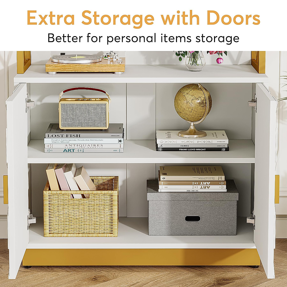 Tribesigns White and Gold Bookshelf with Doors: 70.9 Inches Tall Etagere Bookcase Set of 2, Modern Open Display Book Shelves with Metal Frame for Living Room Bedroom Office