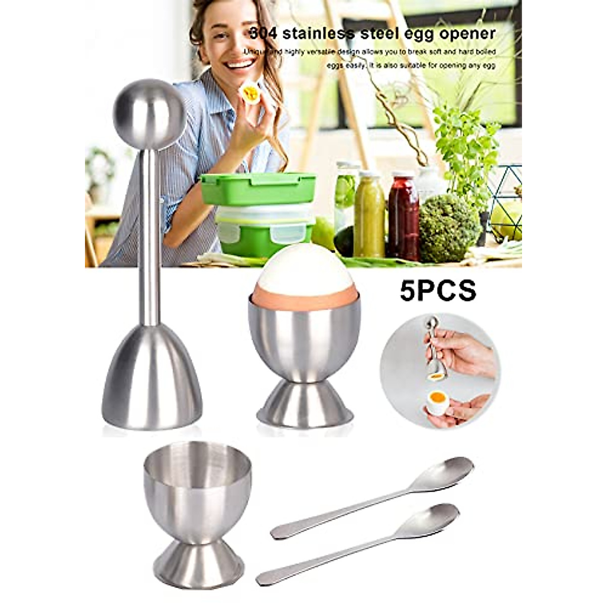 Xicennego Egg Cracker Topper Set of 5 - Includes 2 Egg Cups, 2 Spoons and 1 Cutter - Stainless Steel Easy Egg Opener