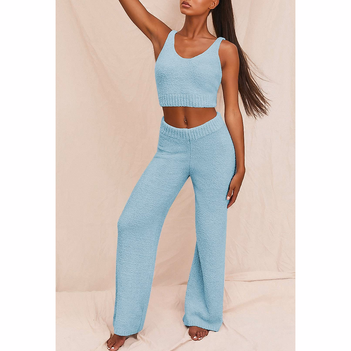 Fixmatti Women Lounge Set 3 Piece Fuzzy Fleece Crop Tops and Pants Open Front Cardigan Pajama Set Light Blue XL