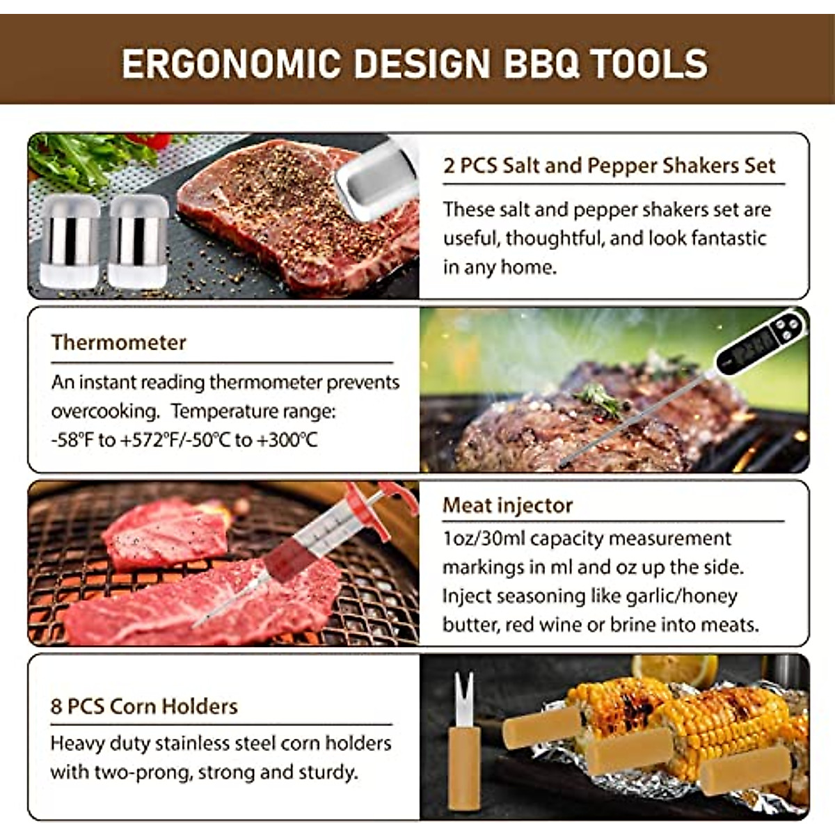 SixSun 30PCS BBQ Grill Tools Set Wooden Handle Stainless Steel Grilling Accessories with Spatula, Tongs, Skewers for Barbecue, Camping, Kitchen, Complete Premium Grill Utensils Set - Brown