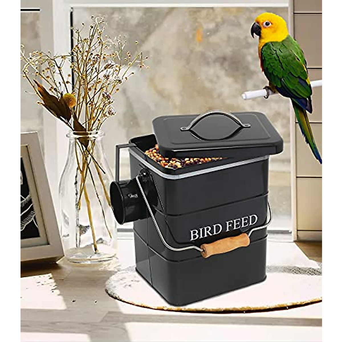 Morezi Bird seed and feed storage tin with lid Included - white-coated carbon steel - tight fitting lids - storage canister tins - Black
