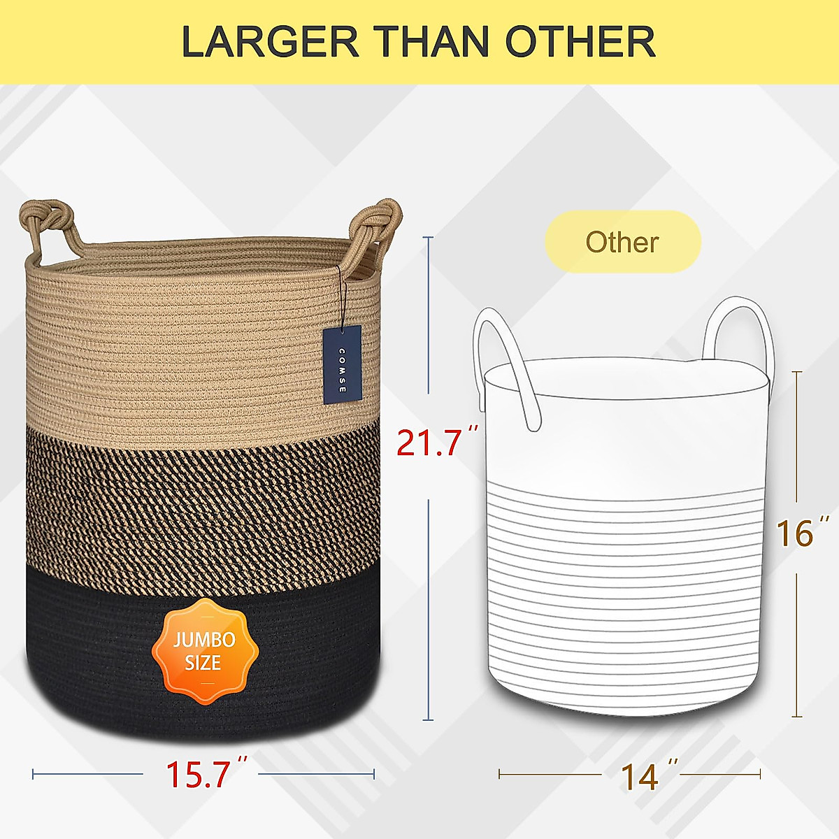 COMSE Extra Large Blanket Basket, High Storage Basket, Tall Rope Laundry Basket, 15.7”x 21.7”, Cotton Rope Basket, XXXL Laundry Basket, Toy Basket, Woven Basket, Clothes Baskets,Brown/Black