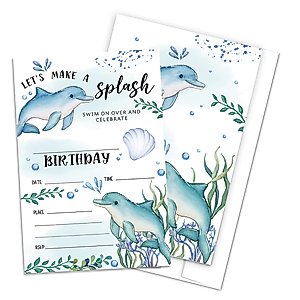 QOFO Dolphin Birthday Party Invitations-Set of 20 With Envelopes,Ocean World Party Theme,For Birthdays & Summer Beach Parties,Party Decorations And Supplies-YQC01