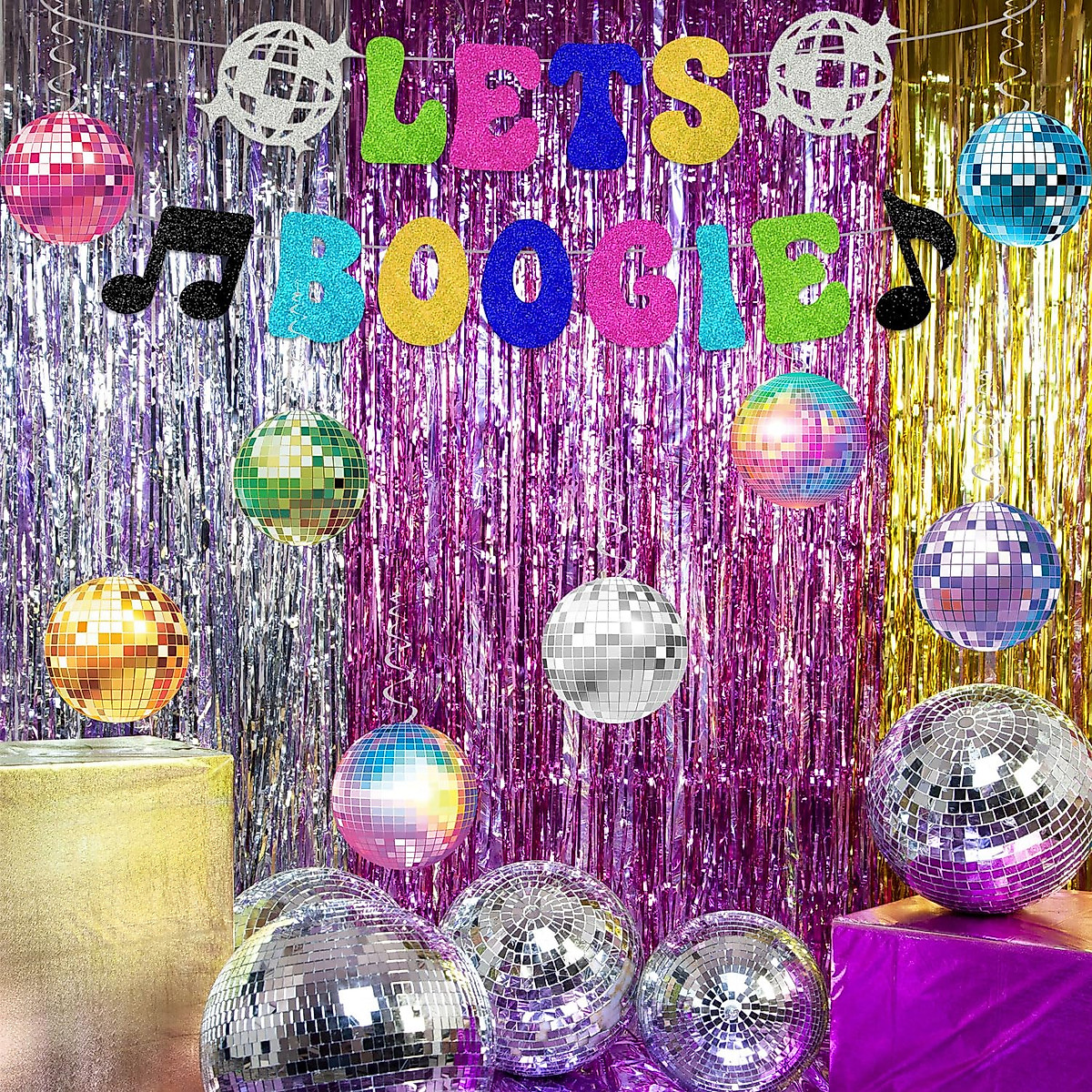 80's 90s Disco Themed Party Decorations Let's Boogie Banner Disco Ball Hanging Swirls Backdrop 70s Hanging Decor For Classroom Throwback Party Decorations Back To 60s 70s 80s 90s Dance Decade Party