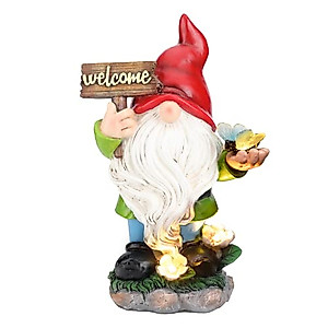 Ovewios Garden Gnomes Statue with Solar Lights, Large Garden Gnome Outdoor Funny Figurines Holding Welcome Sign and Bee Garden Decor for Outside Patio Yard Lawn Sculpture Ornament Gifts