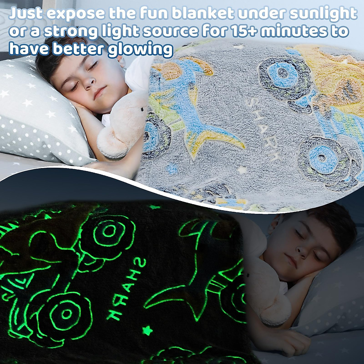 Dinosaur Toys Gifts for Boys Kids Dino Shark Truck Glow in The Dark Blanket Best Birthday Christmas Valentine's Day Easter Presents for Age 1 2 3 4 5 6 7 8 9 10 Years Old Child Teen Soft Throw 60"x50"