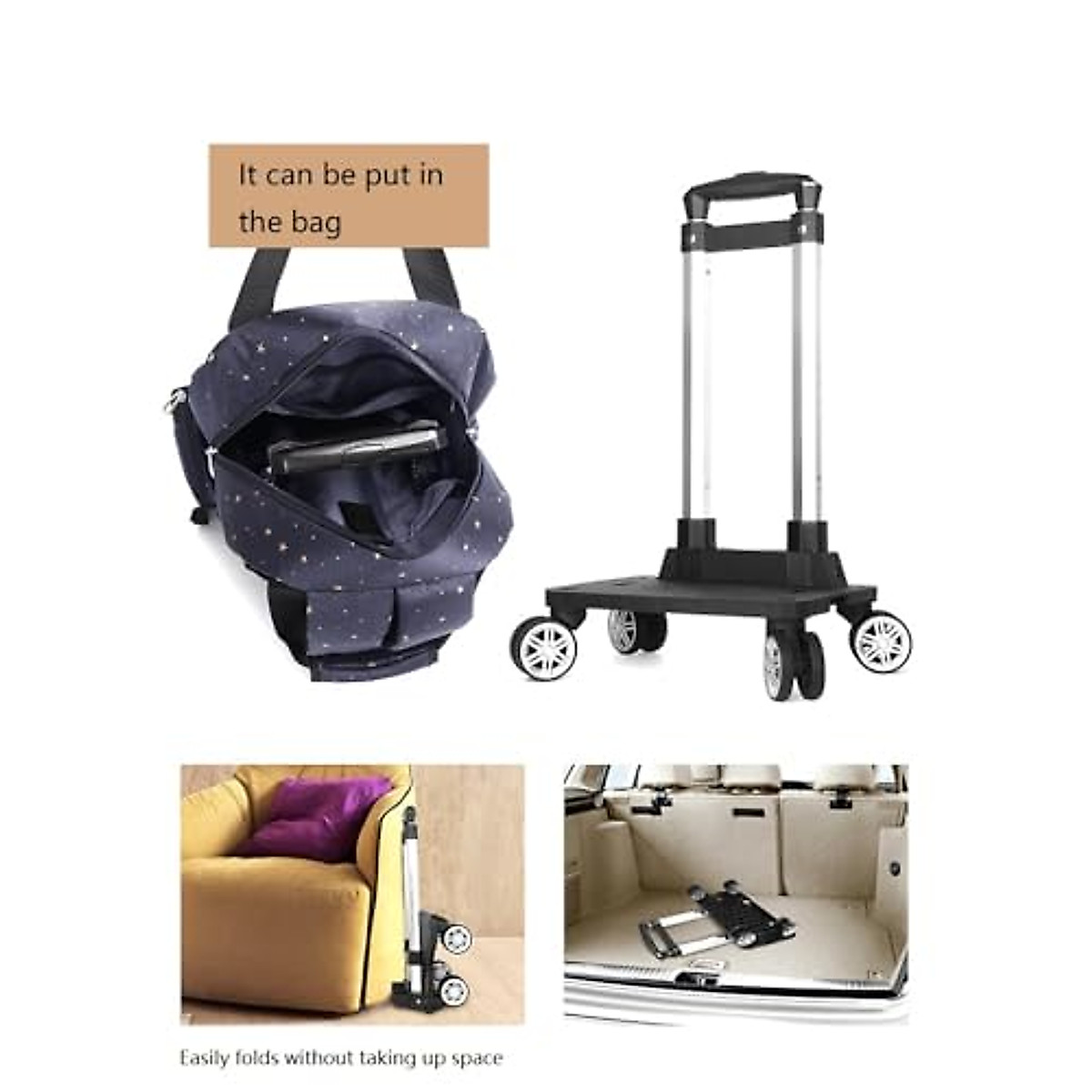 Hand Truck with Telescoping Rod and 4 Wheels, Heavy-Duty Folding Cart for Luggage, Backpacks and More, Black