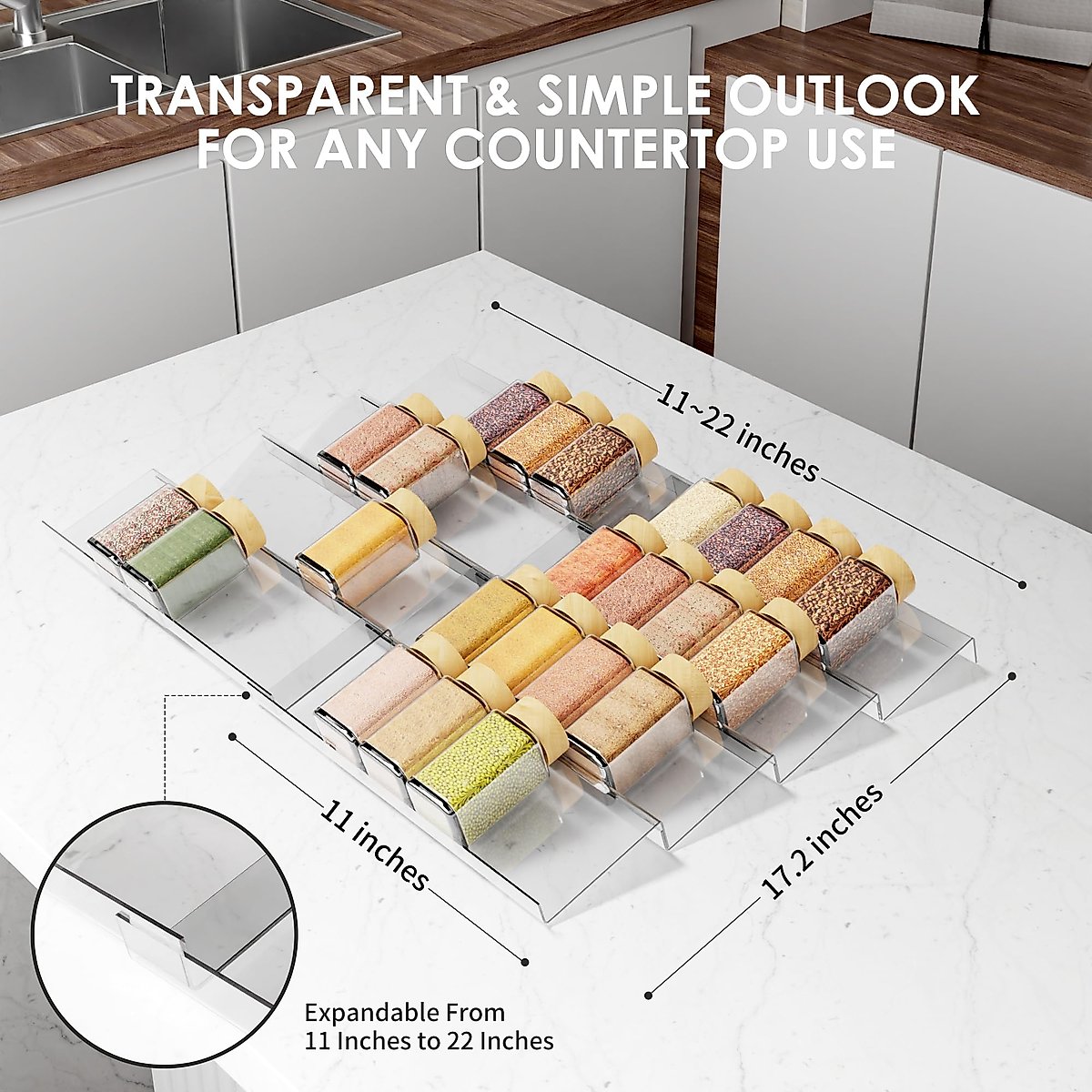 Clear Acrylic Spice Drawer Organizer, 4 Tier- 2 Set Seasoning Jars Drawers Insert, Expandable From 11" to 22", Kitchen Spice Rack Tray for Drawer/Countertop (Jars not included)