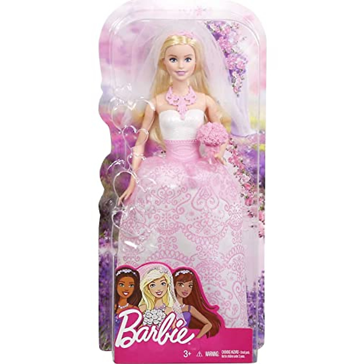 Barbie Bride Doll in Fairytale-Inspired White and Pink Wedding Dress with Ring, Veil and Bouquet, Blonde Hair