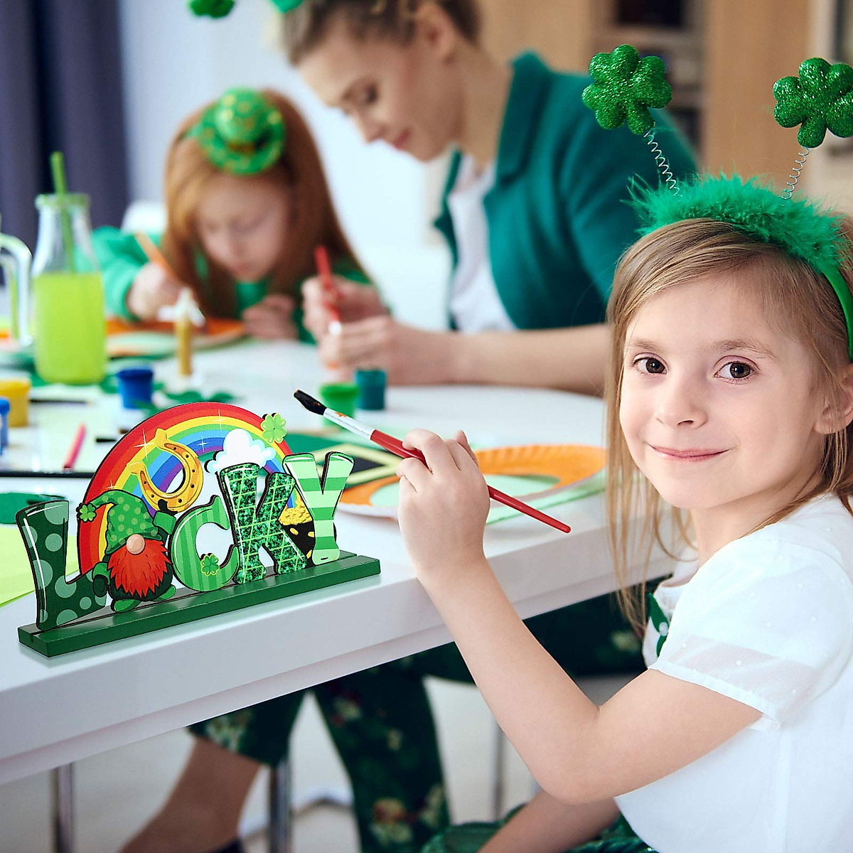3 Pieces St. Patrick's Day Table Decoration Shamrock Sign Table Centerpiece Leprechaun Decoration Wooden Irish Themed Decors for St. Patrick's Day Holiday Dinner Coffee Tier Tray, 7.87 x 4.72 inch