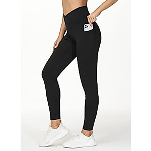 THE GYM PEOPLE Women's V Cross Waist Workout Leggings Tummy Control Running Yoga Pants with Pockets(Black, Medium)