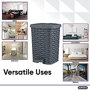 Superio Small Square Pedal Trash Can 7.5 Qt. Charcoal Grey - Rattan Style Compact Small Garbage Can with Lid for Small Spaces, Indoor Outdoor