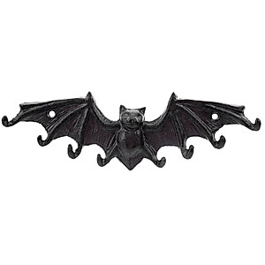 MyGift 8-Hook Vintage Dark Brown Cast Iron Hanging Key Holder in Gothic Flying Bat Design, Wall Mounted Halloween Themed Entryway Hooks for Keys, Pet Leashes, ID Lanyards