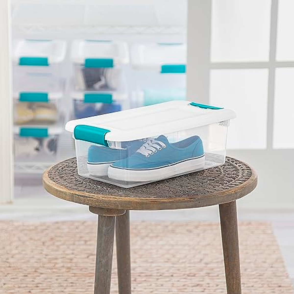 Sterilite 6 Qt Latching Storage Box, Stackable Bin with Latch Lid, Plastic Container to Organize Shoes on Closet Shelf, Clear with White Lid, 12-Pack