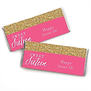 Big Dot of Happiness Chic 16th Birthday - Pink and Gold - Candy Bar Wrappers Birthday Party Favors - Set of 24