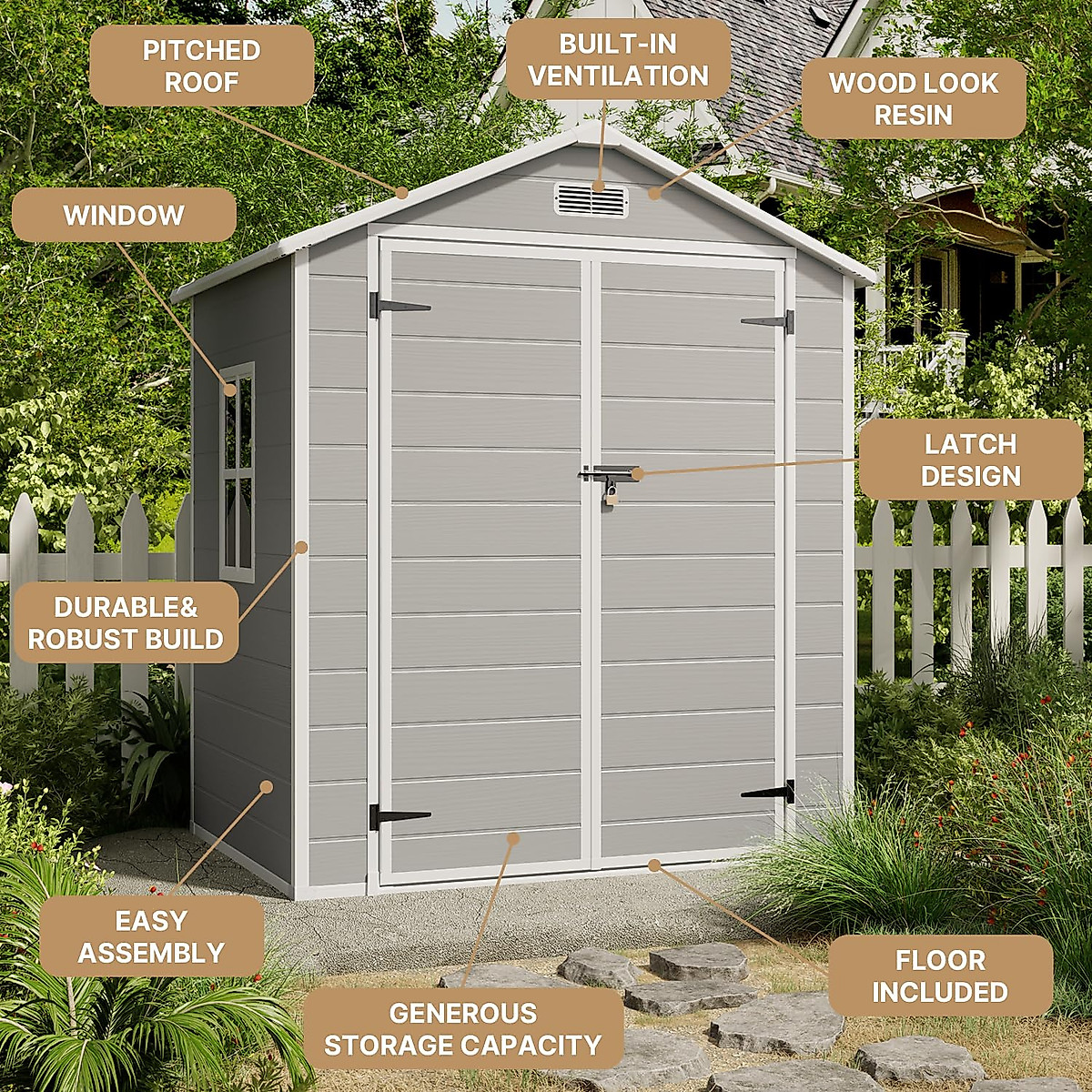 Gizoon 6x4.4 FT Plastic Outdoor Storage Shed, Resin Garden Tool Sheds & Outdoor Storage House with Single Lockable Door, Resin Shed for Patio Furniture, Backyard Garden Patio Lawn, Grey