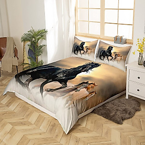 3Pcs Horse Bedding Set Queen Size Bedding Duvet Cover Horse Printed Quilt Cover 3D Animal Printed Quilt Cover for Adult Teens Kids Comforter Cover Soft Lightweight Duvet Cover Set