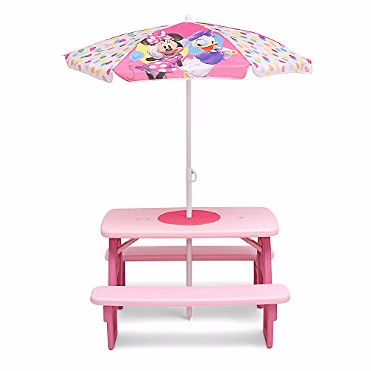 Delta Children 4 Seat Activity Picnic Table with Umbrella and Lego Compatible Tabletop, Minnie Mouse, 32.5 in x 34.25 in x 53.5 in
