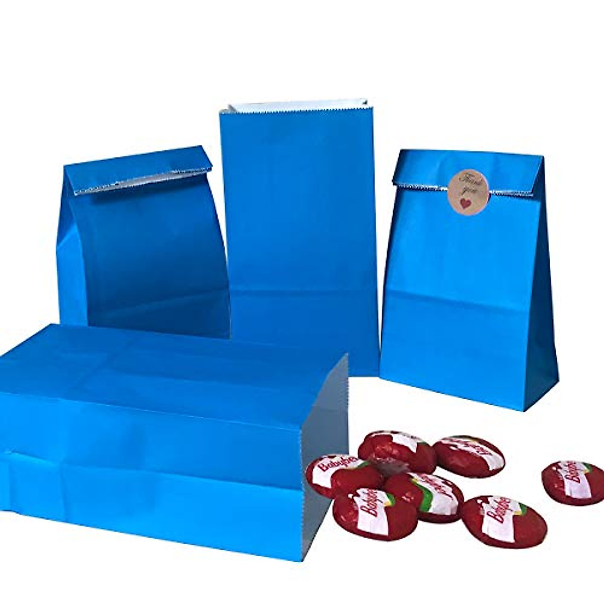 Party Favor Bag 50 pcs Food Safe Paper and Ink, Natural (Biodegradable), Vivid Colored Self-Stand Buffet Bags, Bottom Square Paper Treat Bag. with 60 pcs Stickers 1.5 inch. (Blue)…