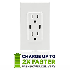 Leviton T5636-W 60W USB Dual Type-C Power Delivery In-Wall Charger with 15A Outlet, USB Charger for Laptops, Smartphones, Tablets, and More, White
