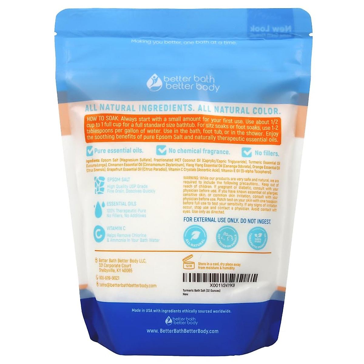 Turmeric Bath Salt 32 Oz Epsom Salt with Essential Oils Turmeric, Cinnamon, Orange Plus Vitamin C in BPA-Free Pouch with Easy Press-Lock Zipper | Natural Bath Soak to Relieve & Soothe | Made in USA