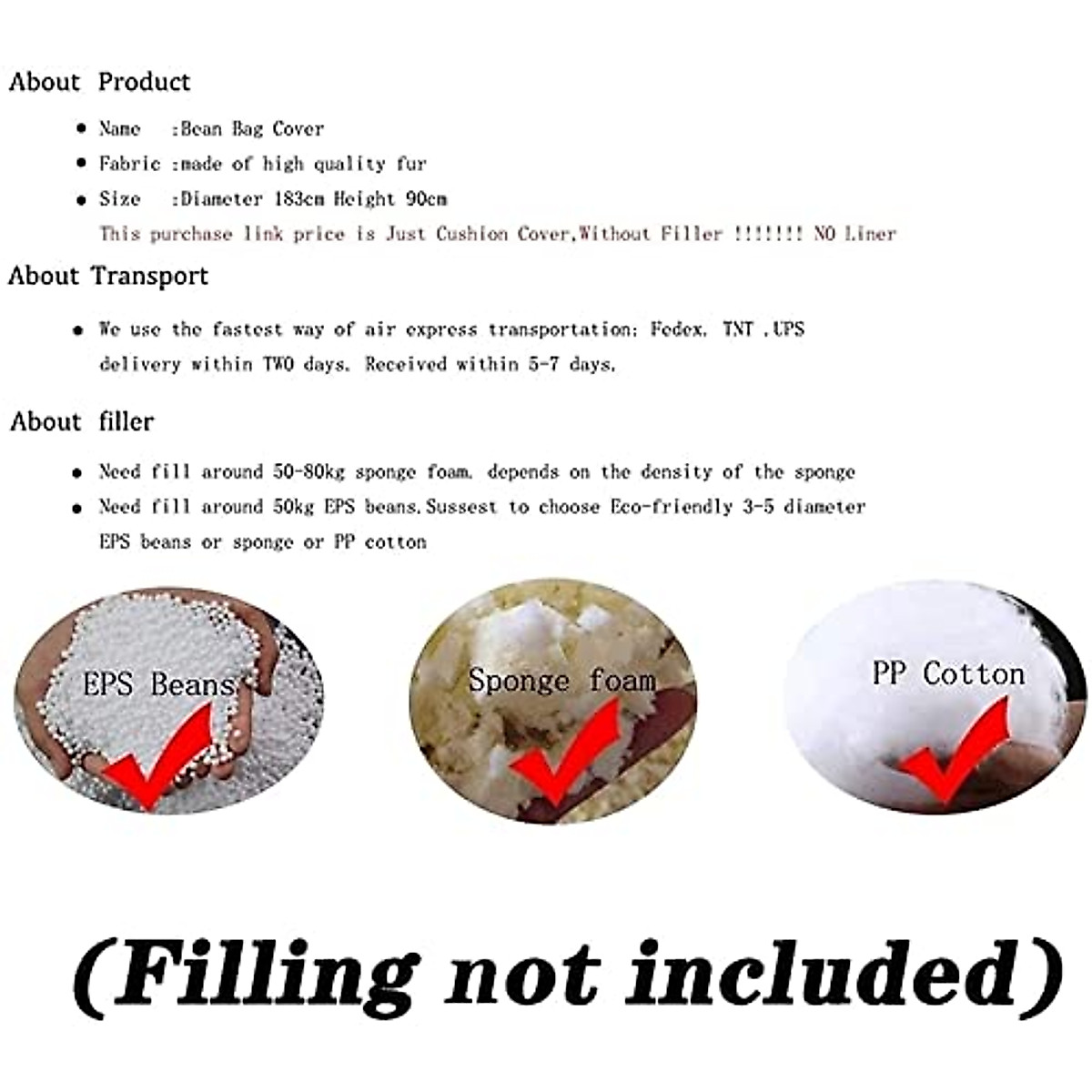 FEYOTH (it was only a Cover, not a Full Bean Bag Giant Fur Bean Bag Chair for Adult Living Room Furniture Big Round Soft Fluffy Faux Fur BeanBag Lazy Sofa Bed CoverFaux Fur BeanBag Lazy Sofa Bed Cove