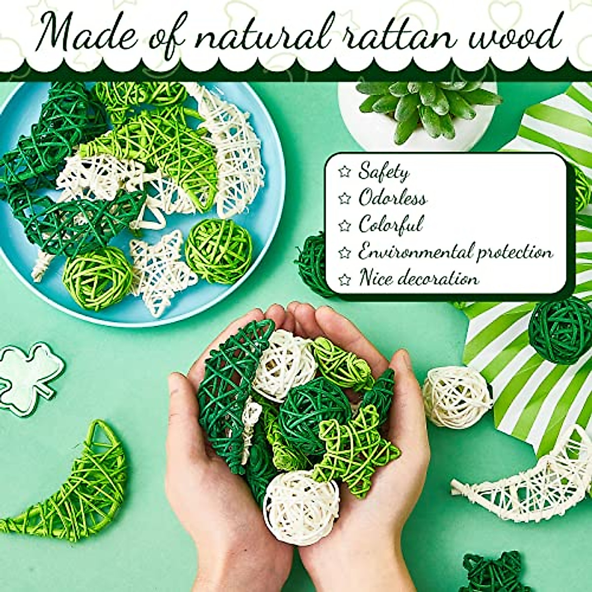 36 Pcs St Patrick's Day Rattan Balls Stars Moon DIY Vase Filler Craft Bowl Wicker Rattan Balls Green Ball Vase Filler Decoration Hanging for Table Wedding Party Decor Ornament