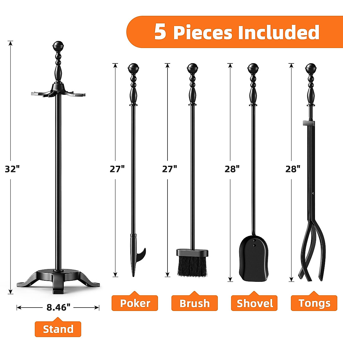 COMFYHOME 5 Piece Fireplace Tools Set, 32'' Heavy Duty Fireplace Tools with Stand, Fire Poker, Shovel, Tongs, Brush, Black Handle Fireplace Kits for Indoor Modern Chimney, Wood Stove, Outdoor Fire Pit