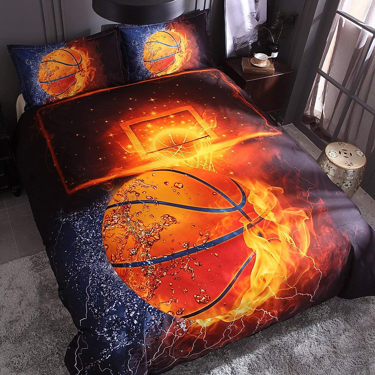 Tenghe 3D Basketball Duvet Cover Sets Fire Water Print for Teen Boys Kids Sports Bedding Sets Bed Cover 1 Duvet Cover + 1 Pillowcases(Basketball,Twin)