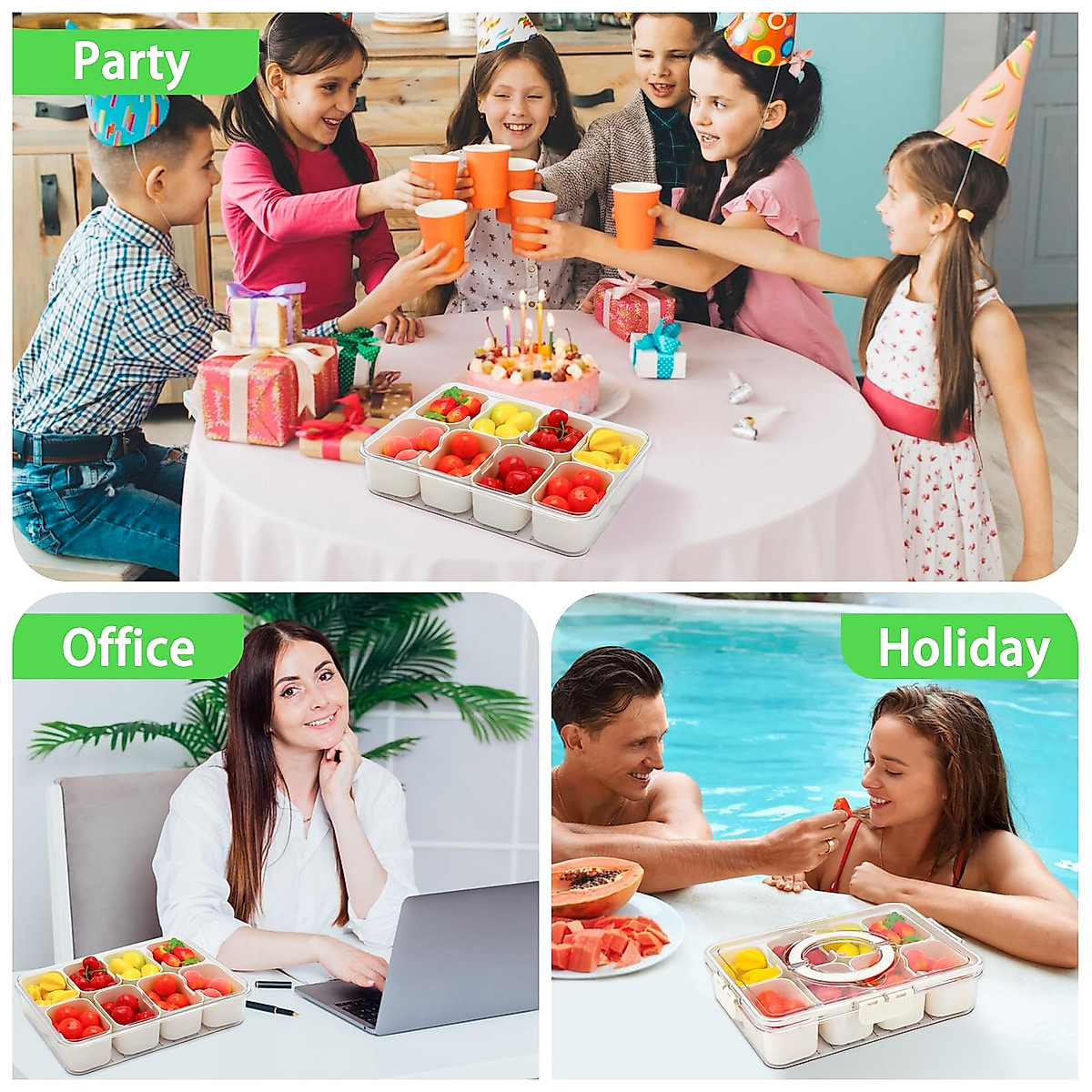 Portable Divided Serving Tray with Lid with Handle, 8 Compartment Snackle Box Container,- For Clear Organizer Fruit, Candy, Nuts,Snacks,Great for parties, beach fun and outdoor camping(8)